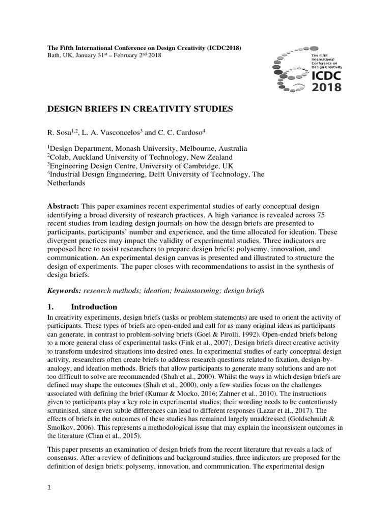 2018 Design Briefs in Creativity Studies | PDF | Creativity | Cognition