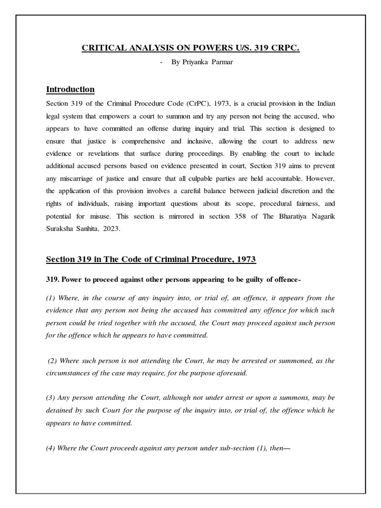 Critical Analysis of Section 319 CrPC. | PDF | Criminal Procedure In South Africa | Common Law