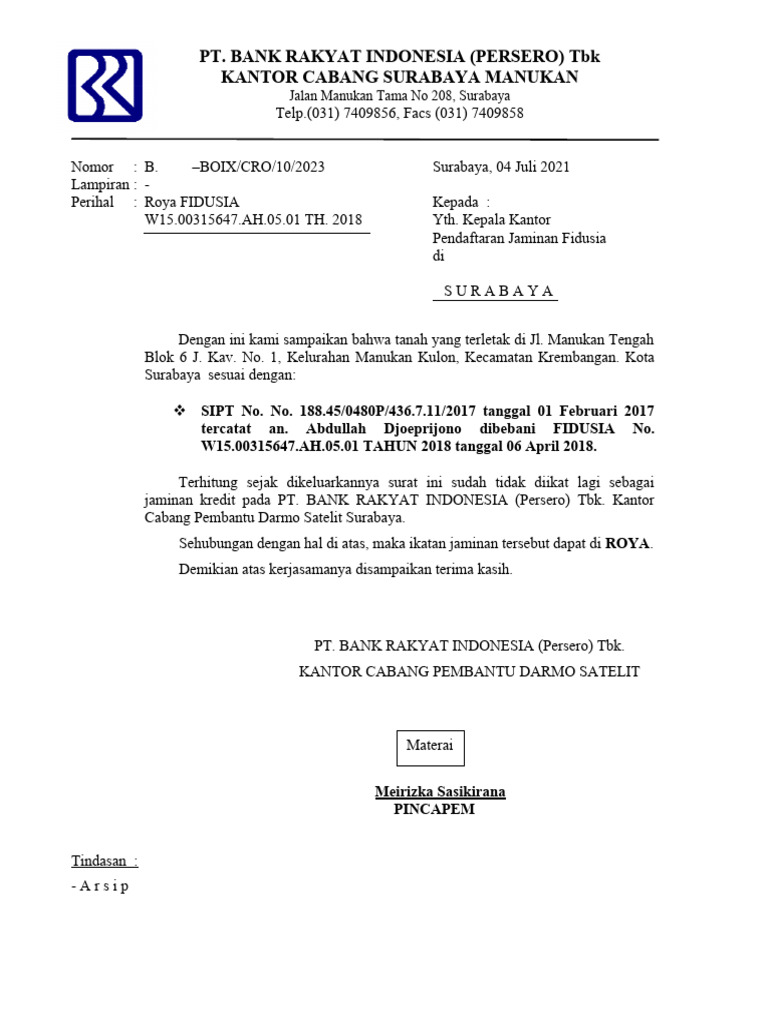 Surat Roya Fidusia, Cabut Blokir SIPT, Lunas - Suryanto Wiebowo | PDF