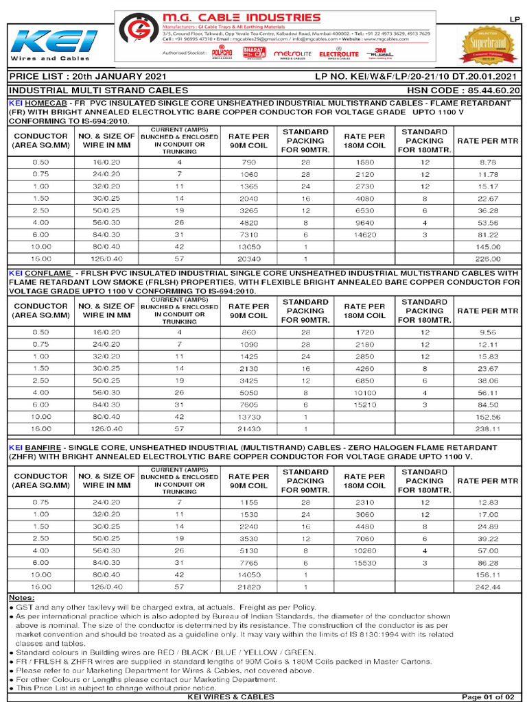 KEI - Cable List Price - 2021 | PDF | Wire | Electrical Conductor