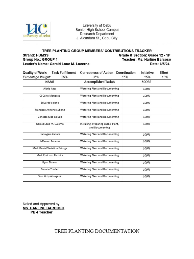 University of Cebu SHS Department - PE Tree Planting Documentation and Tracker Example | PDF