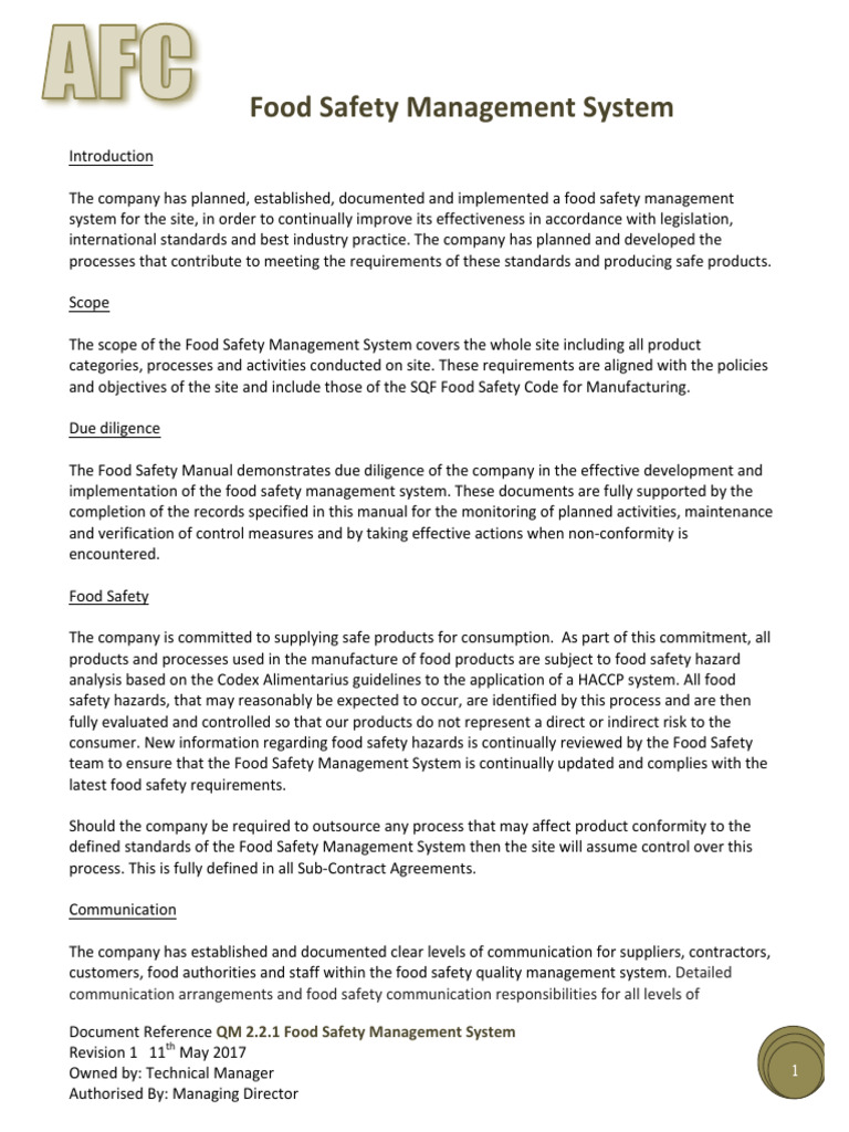 QM 2.2.1 Food Safety Management System Sample | PDF | Food Safety ...