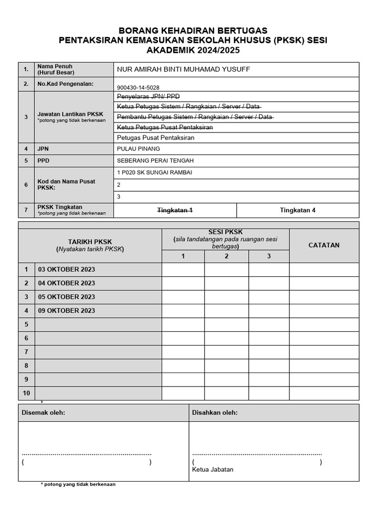 2 - Borang Kehadiran Bertugas PKSK 2024 | PDF
