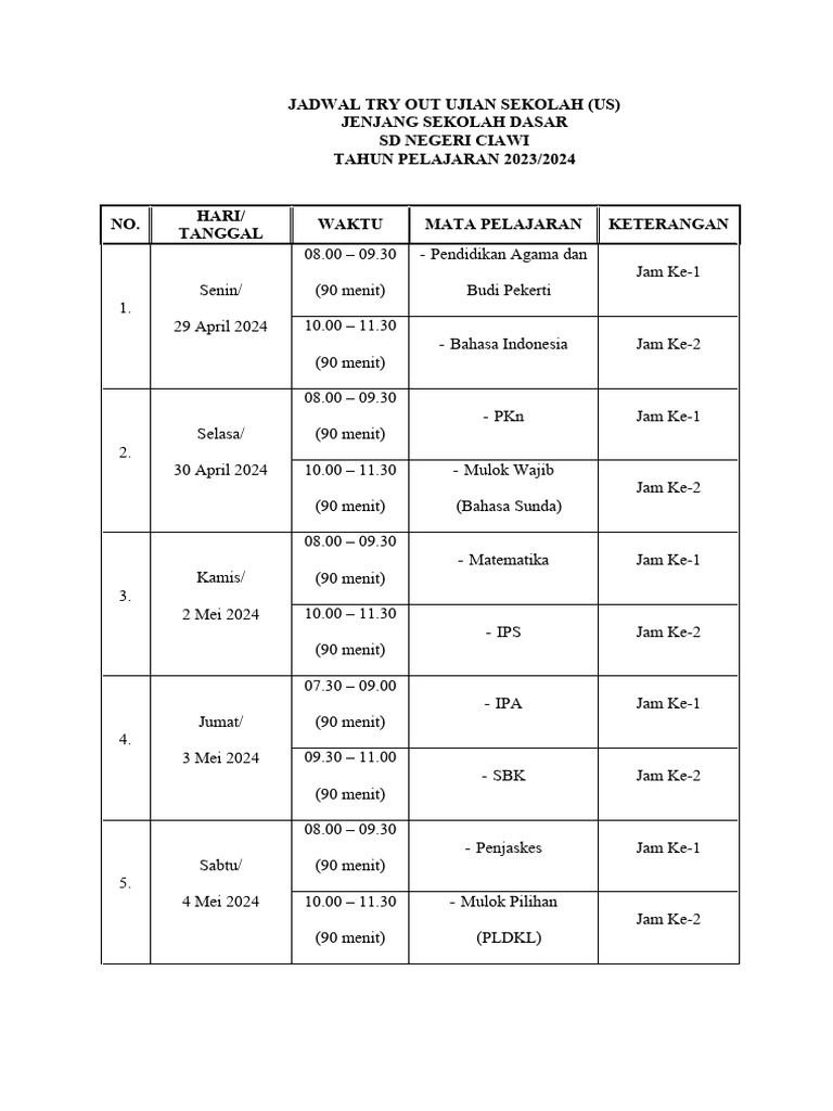 Jadwal Try Out Ujian Sekolah Tahun 2024 | PDF