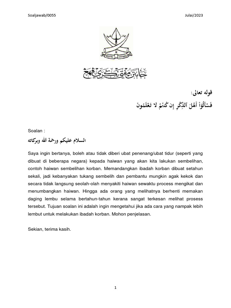 Hukum Ubat Penenang untuk Haiwan Korban | PDF