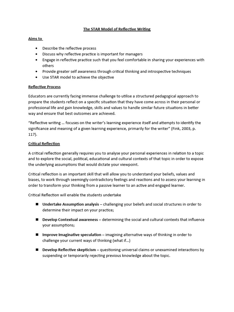 STAR Model - Critical Reflection | PDF | Critical Thinking | Reflective ...