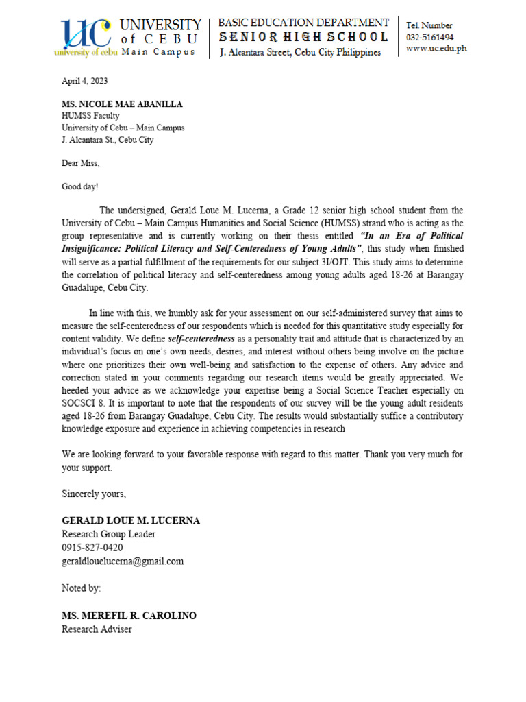 University of Cebu SHS Department - Letter For Research Validation ...
