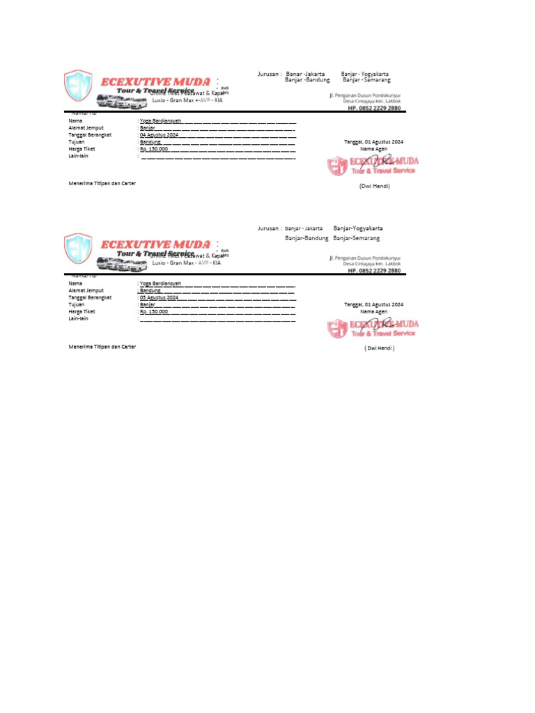 Contoh Tiket Travel Mobil Kosong | PDF