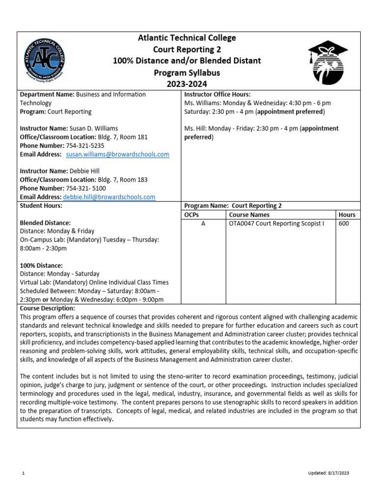 Court Reporting 2 Program Syllabus 2023-2024 | PDF | Computing
