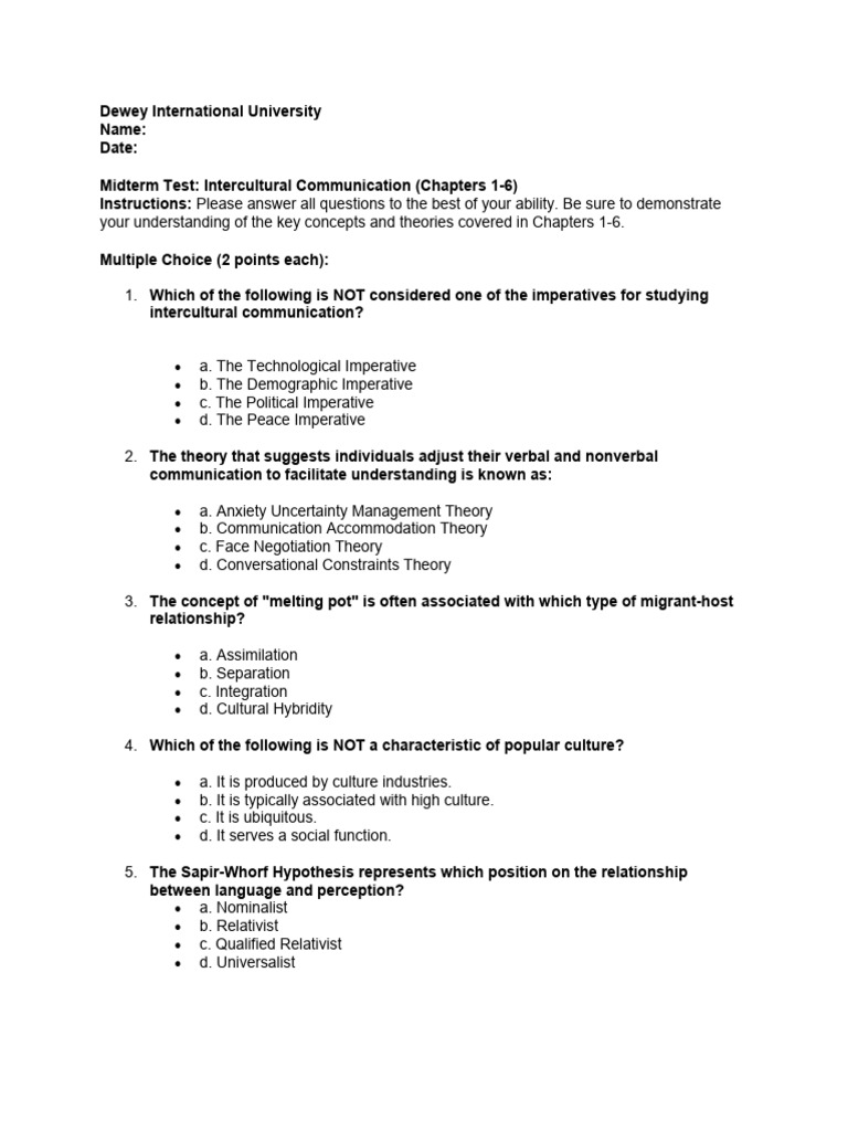 Midterm Test - Intercultural Communication (Chapters 1-6) | PDF | Cross ...