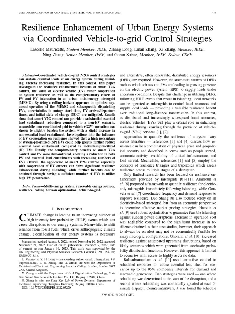 Resilience Enhancement of Urban Energy Systems Via Coordinated Vehicle-To-Grid Control ...