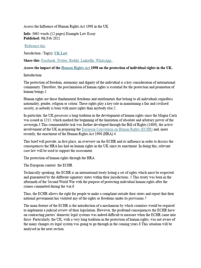 Assess The Influence of Human Rights Act | PDF | European Convention On ...