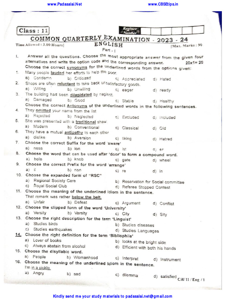 11th English Quarterly Exam 2023 Original Question Paper With Answer Key Chennai District PDF ...