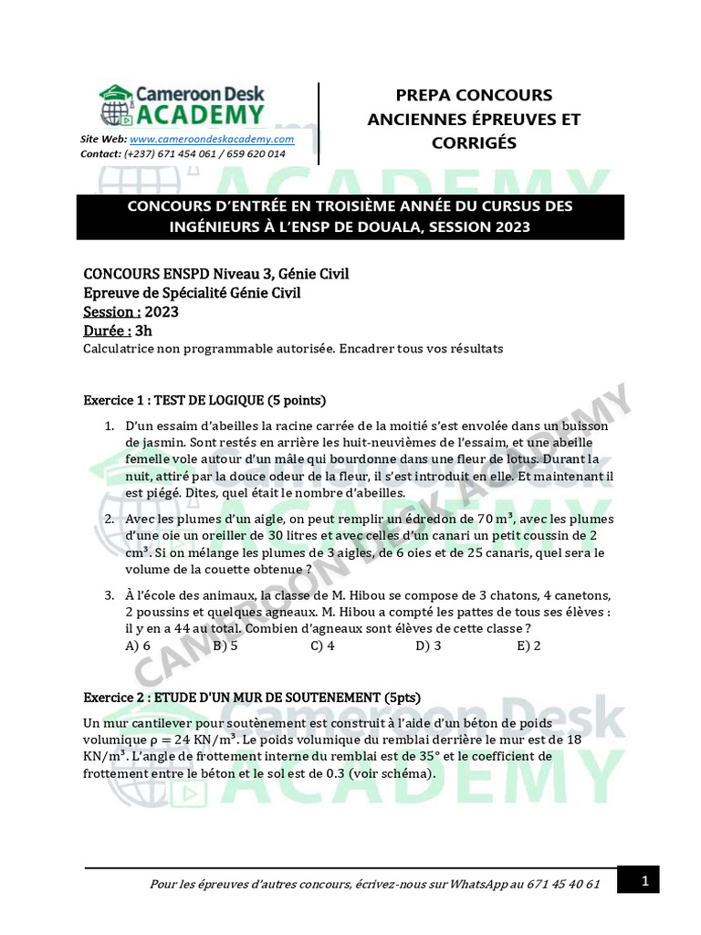 Epreuve Enspd Niv3 Genie Civil 2023 | PDF | Béton | Ingénierie civile