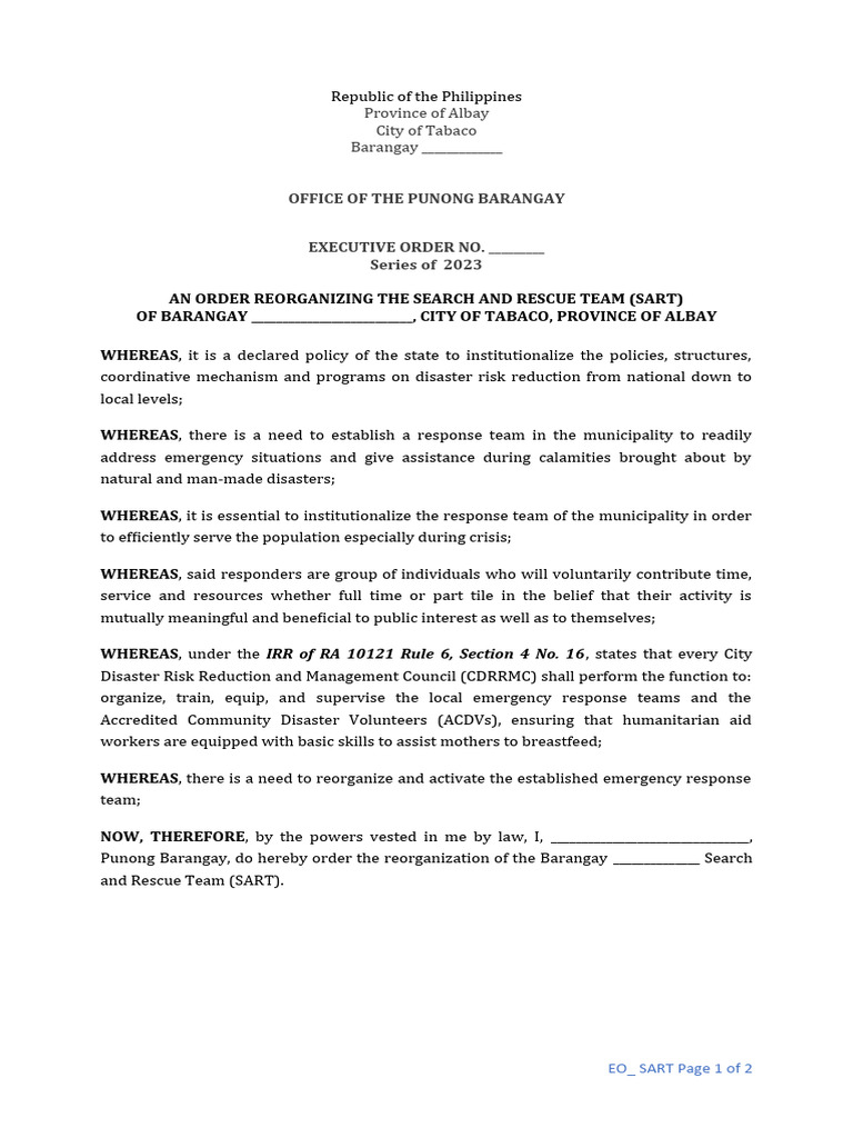 Office of The Punong Barangay EXECUTIVE ORDER NO. - Series of 2023 ...