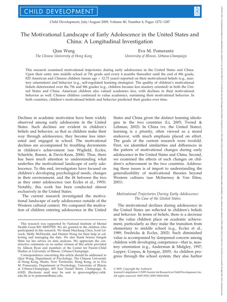 Achievement (G) - Wang & Pomerantz (2009) | PDF | Behavioural Sciences | Psychological Concepts