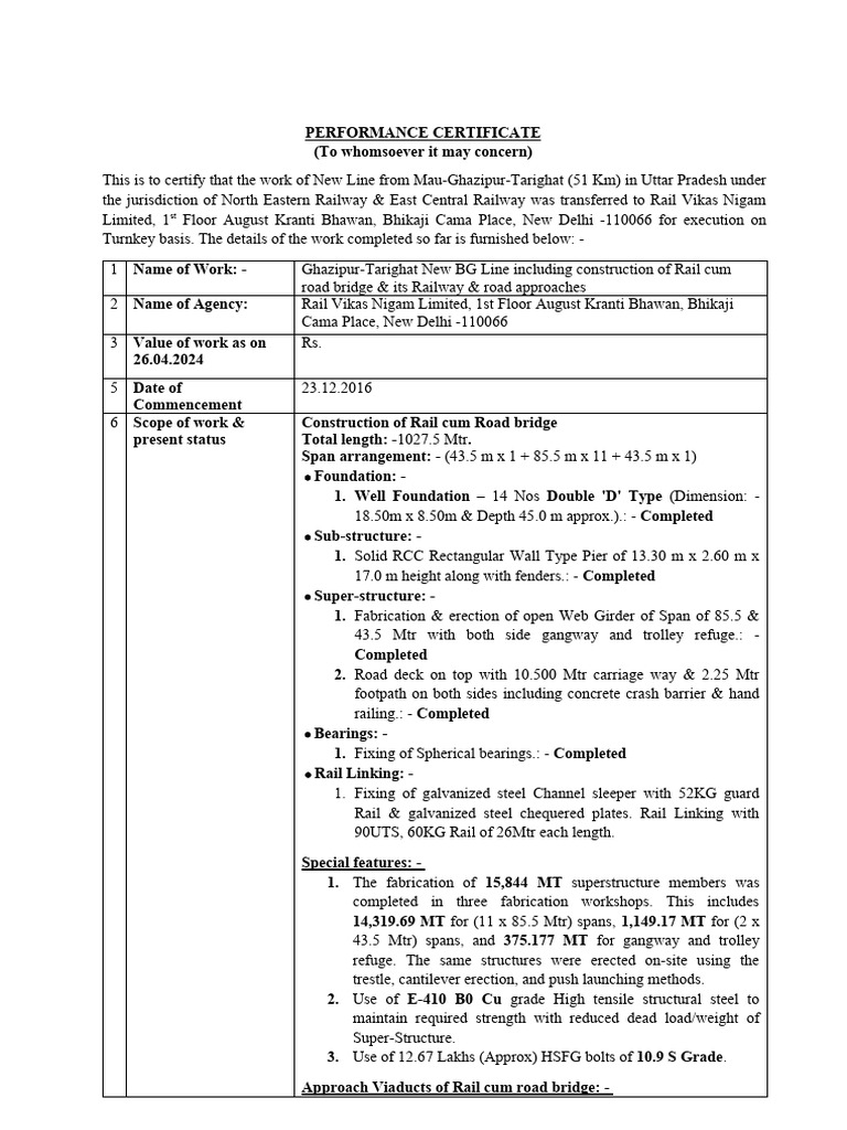 Performance certificate RVNL | PDF | Civil Engineering | Structural Engineering