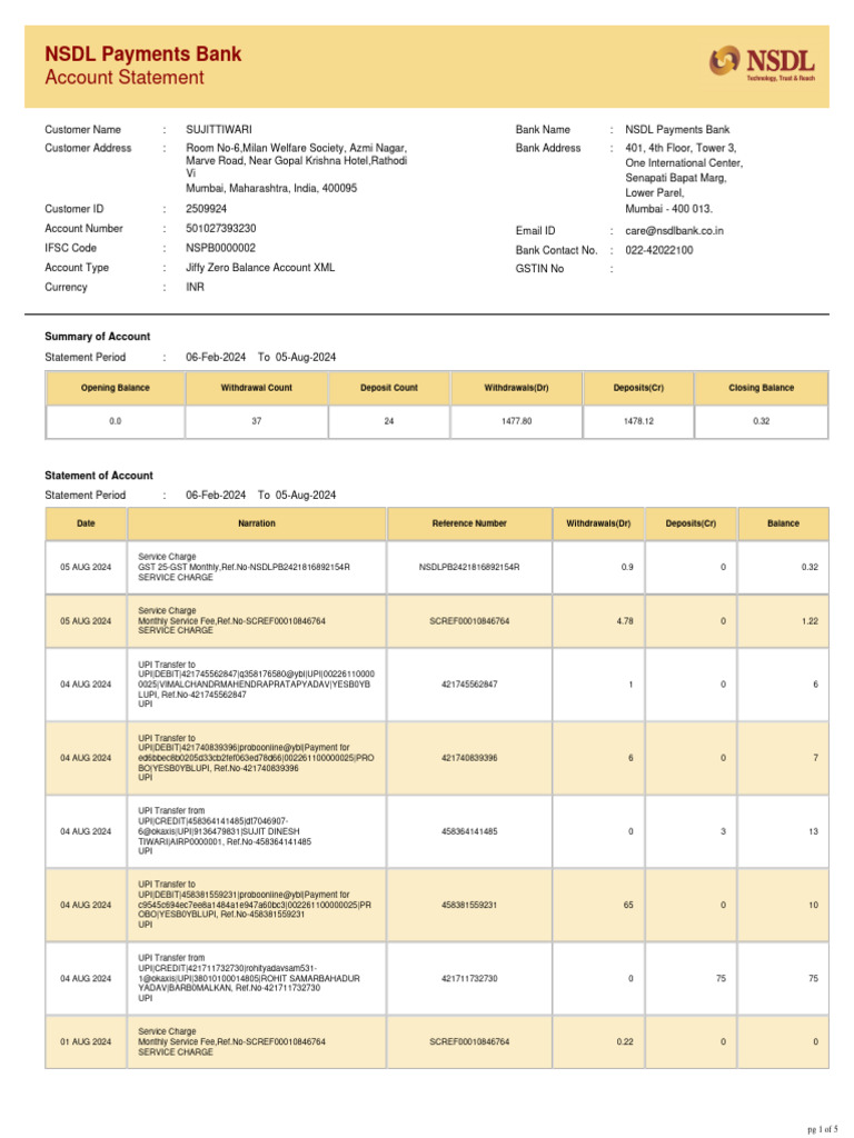 NSDL Bank Statement Summary | PDF | Fee | Payments