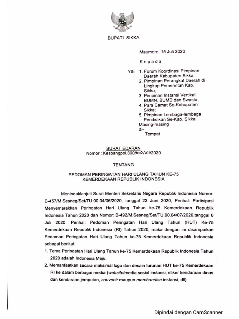 Markus Mau Surat Edaran Pedoman Peringatan HUT KE - 75 Kemerdekaan RI | PDF