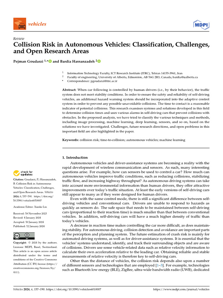 Collision Risk in Autonomous Vehicles Classification Challenges and Open Research Areas | PDF ...