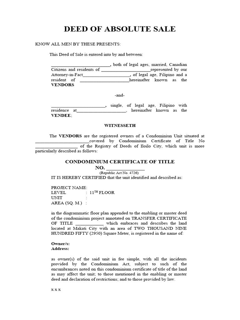 Deed of Absolute Sale for Condominium | PDF | Condominium ...