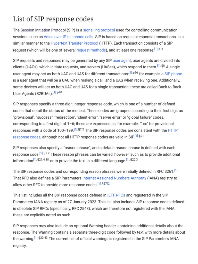 List of SIP Response Codes - Wikipedia | PDF | Session Initiation Protocol | Internet