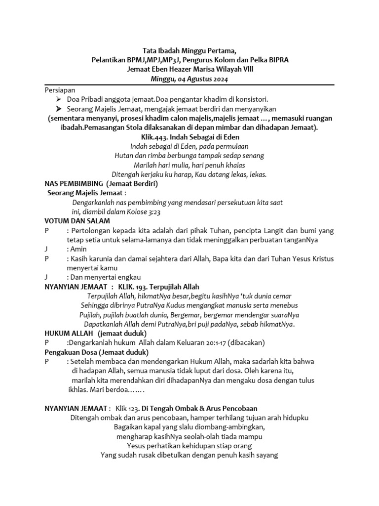 Tata Ibadah Minggu Pertama Dan Pelantikan EHM | PDF