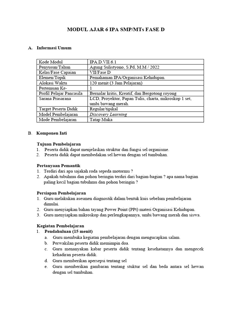 Modul Ajar IPA Kelas VII: Organisasi Kehidupan | PDF | Sains & Matematika | Komputer
