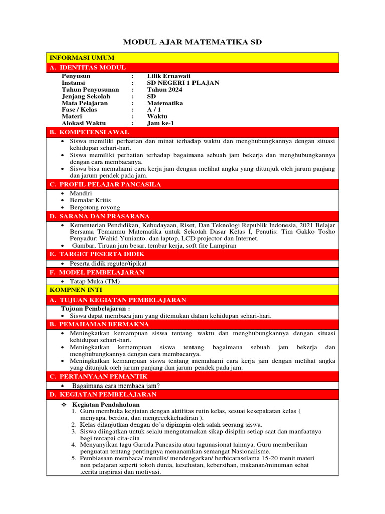 Modul Ajar MTK Kls 1 | PDF