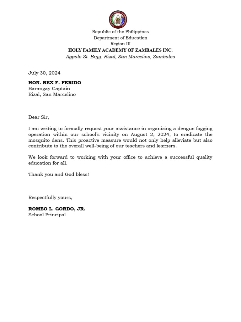 Letter For Fogging | PDF | Social Science | Wellness