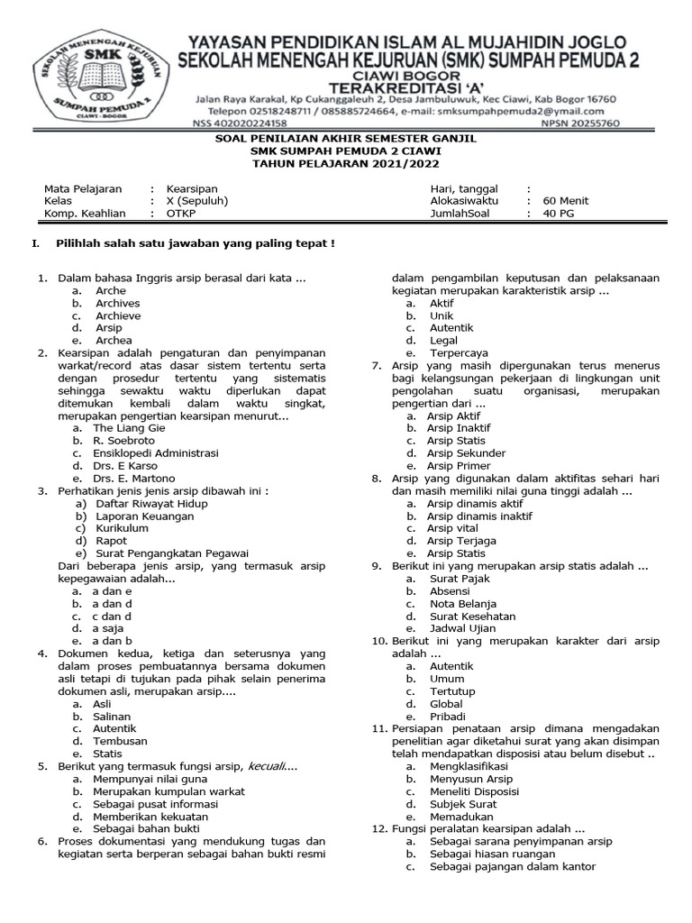 Soal PAS - Kearsipan X OTKP - Riani | PDF