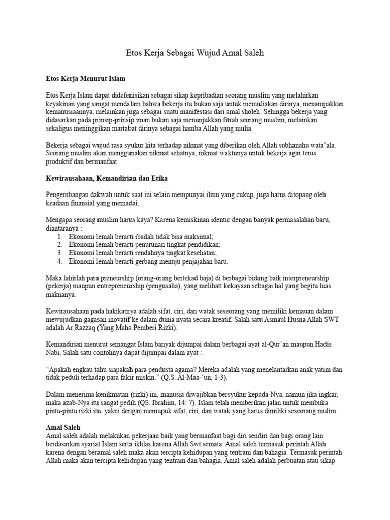 Etos Kerja Sebagai Wujud Amal Saleh | PDF | Karier & Perkembangan ...