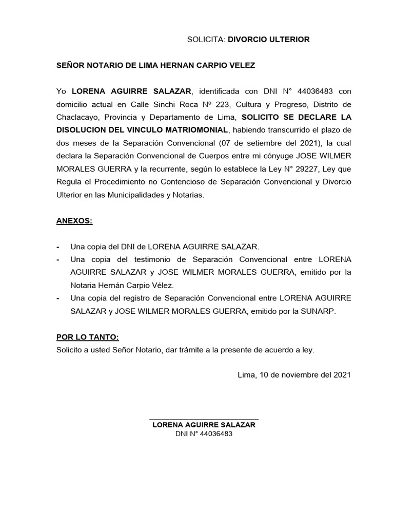 SOLICITUD DE DIVORCIO ULTERIOR NOTARIAL | PDF SOLICITUD DE DIVORCIO ULTERIOR NOTARIAL | PDF