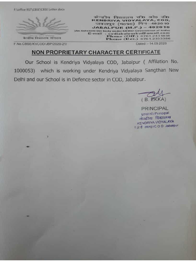 Non Proprietary Character Certificate | PDF