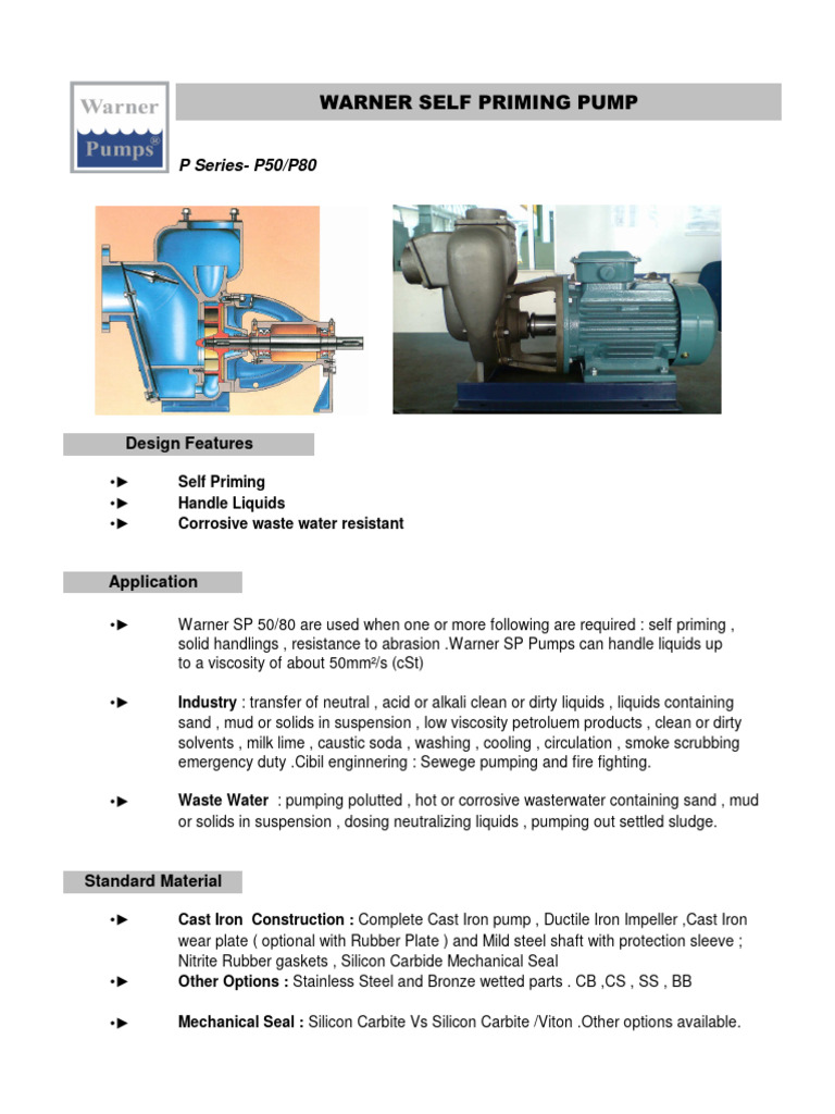 Warner Self Priming Pump Overview | PDF | Pump | Mechanical Engineering