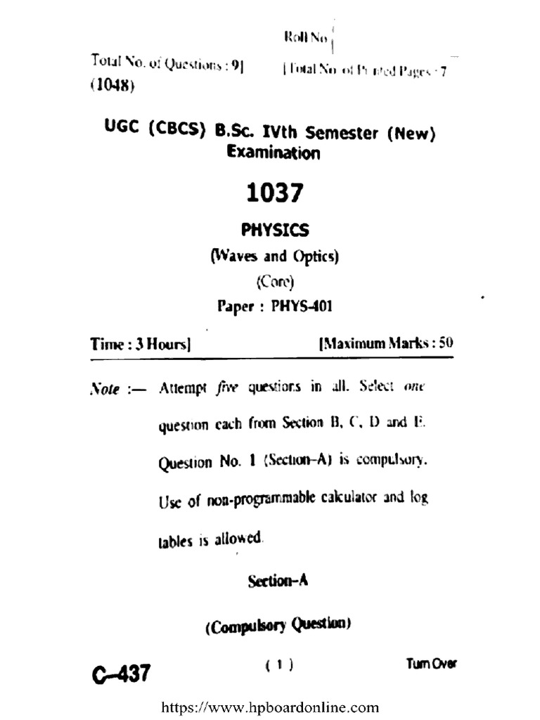 Hpu Ug BSC 4 Sem Physics Waves and Optics 1037 2018 | PDF