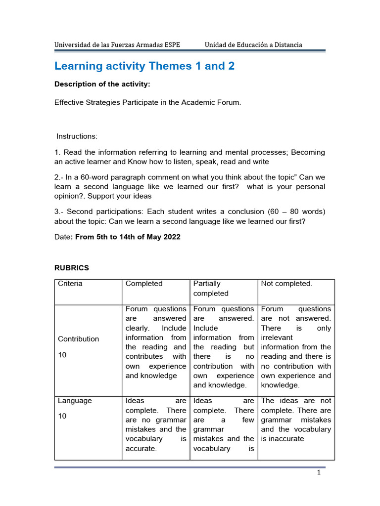 Learning Activity Theme 1-2 | PDF | Vocabulary | Second Language