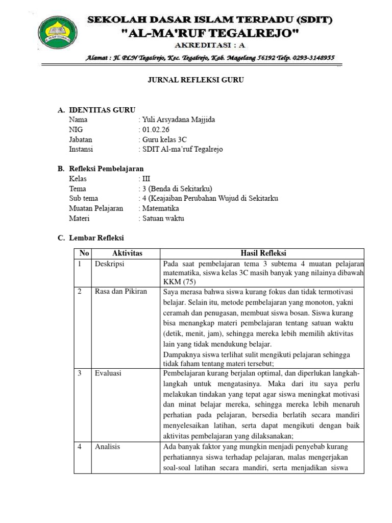 Jurnal Refleksi Guru | PDF