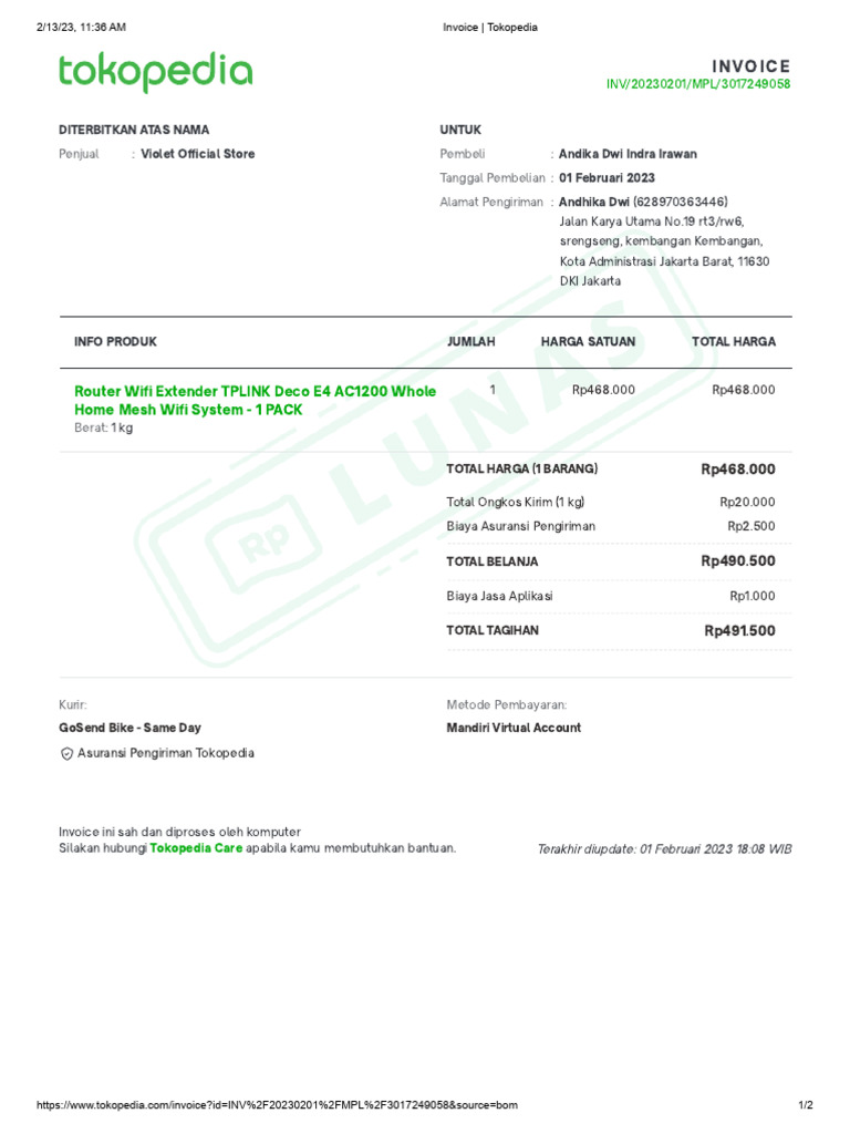 Invoice - Tokopedia Tplink Deco | PDF
