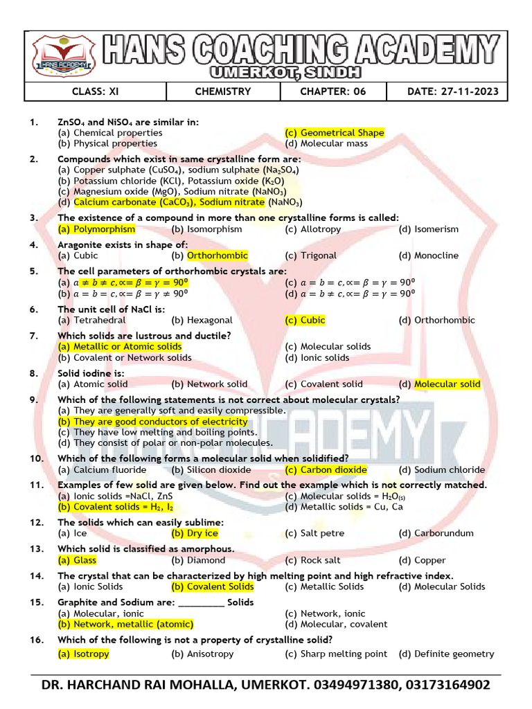 MCQs Chemistry XI Chapter 06 Solid State | PDF | Crystal | Solid