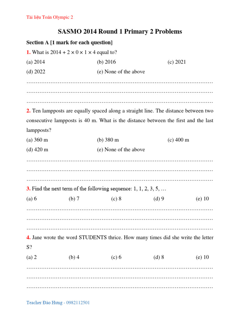 SASMO 2014 Grade 2 Math Problems | PDF | Mathematics