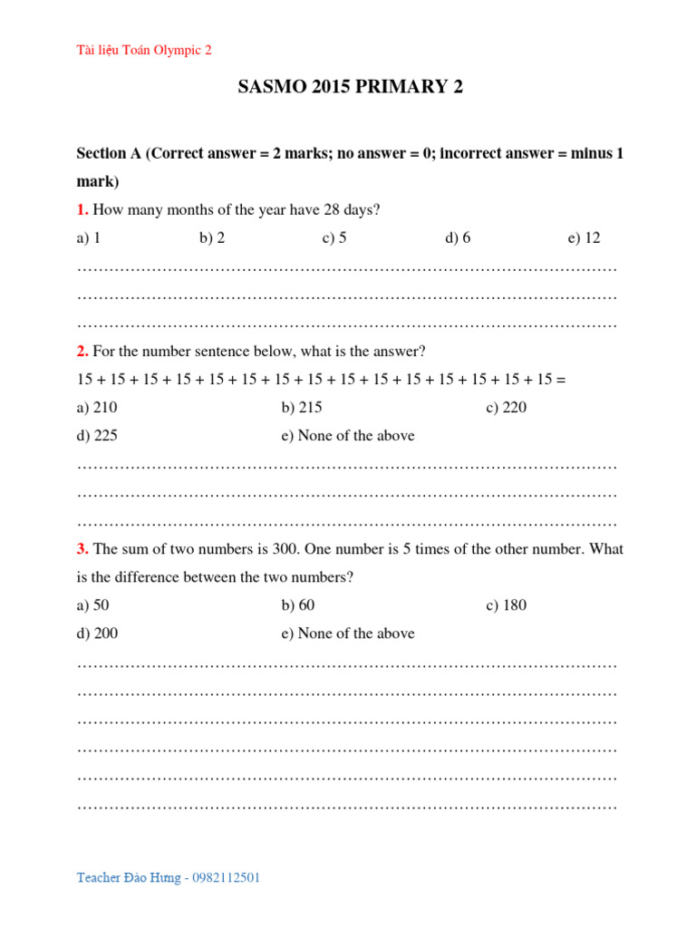 SASMO 2015 Primary 2 - PhieuBT | PDF