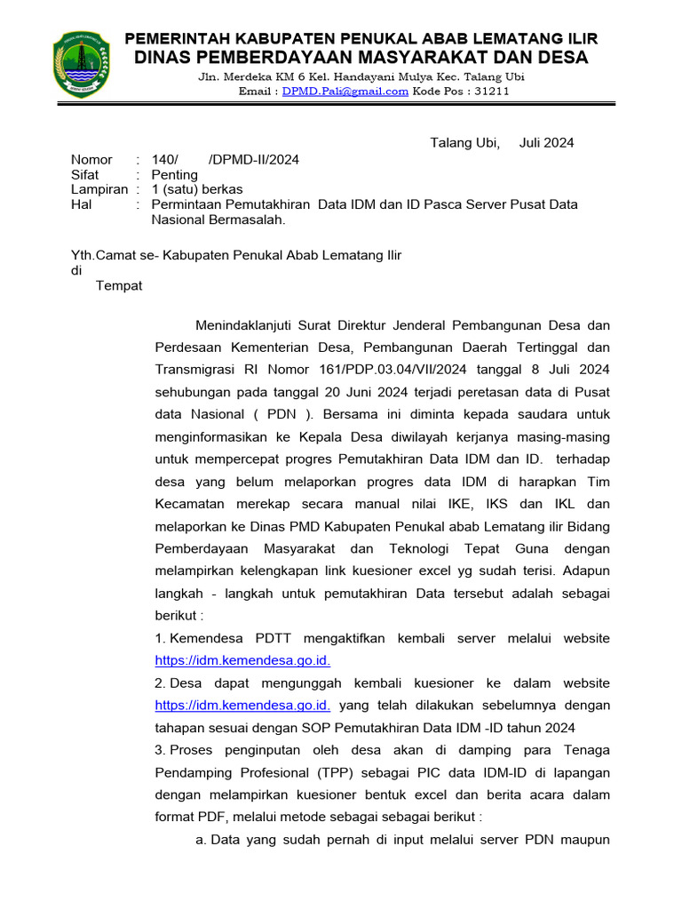 Surat Camat Pemutakhiran Data IDM Dan ID | PDF | Pengelolaan Keuangan & Uang