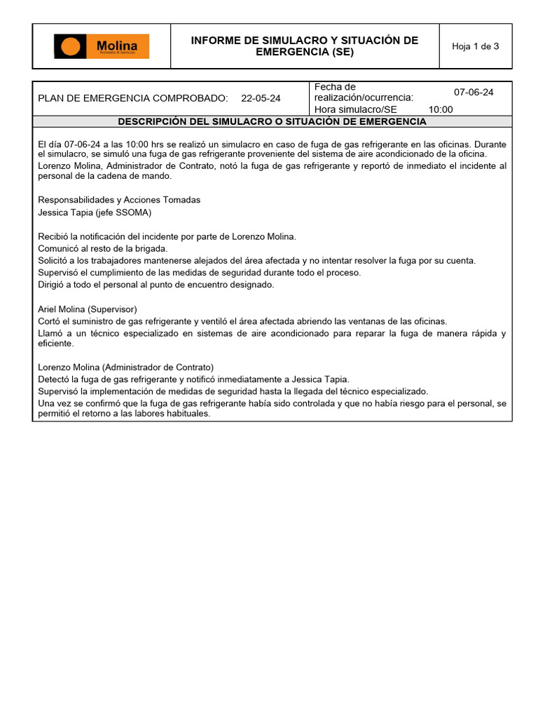 Informe de Simulacro y Situación de Emergencia - Fuga Gas Refrigerante ...