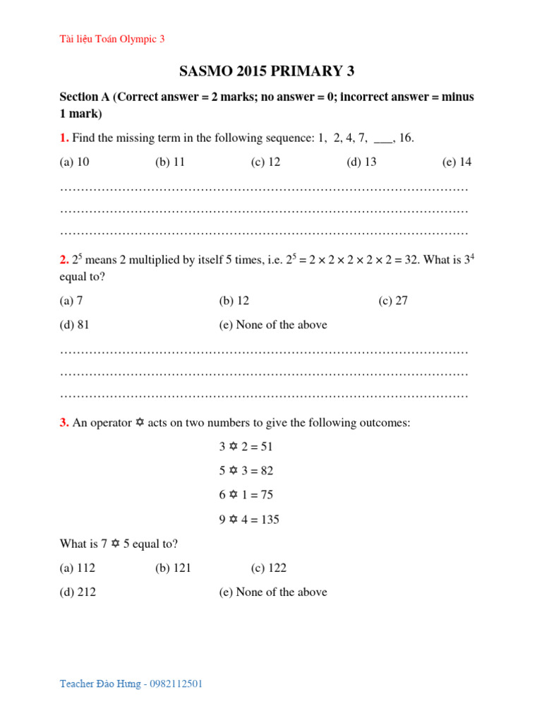 SASMO 2015 PRIMARY 3 - PhieuBT | PDF | Mathematics