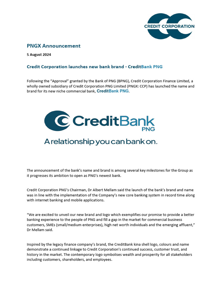 2024 08 05 CCP CreditBank PNG Launch 1 | PDF | Banks | Brand