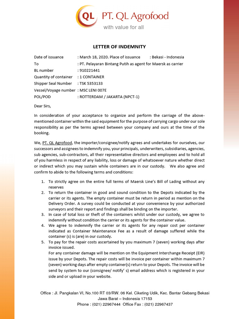 Letter of Indemnity for Container Shipping | PDF | Bill Of Lading ...