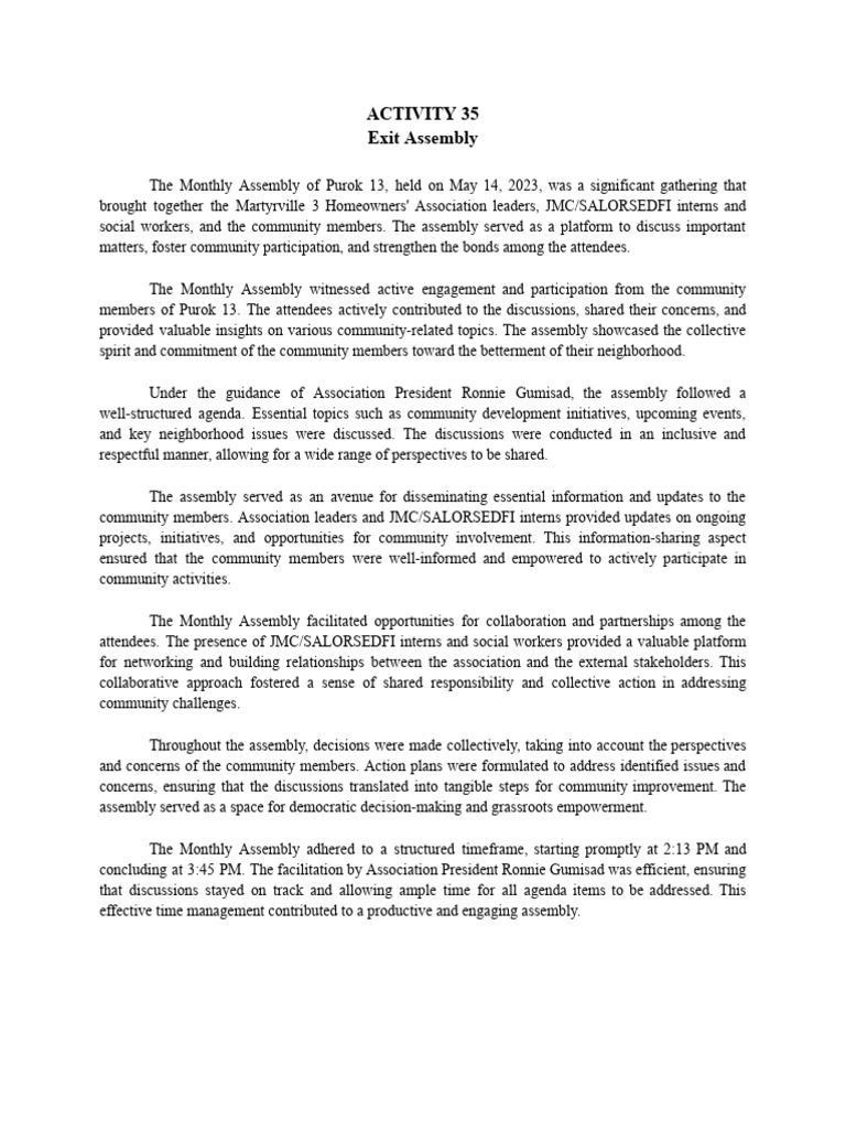 Jay Exit Assembly | PDF | Community | Social Work