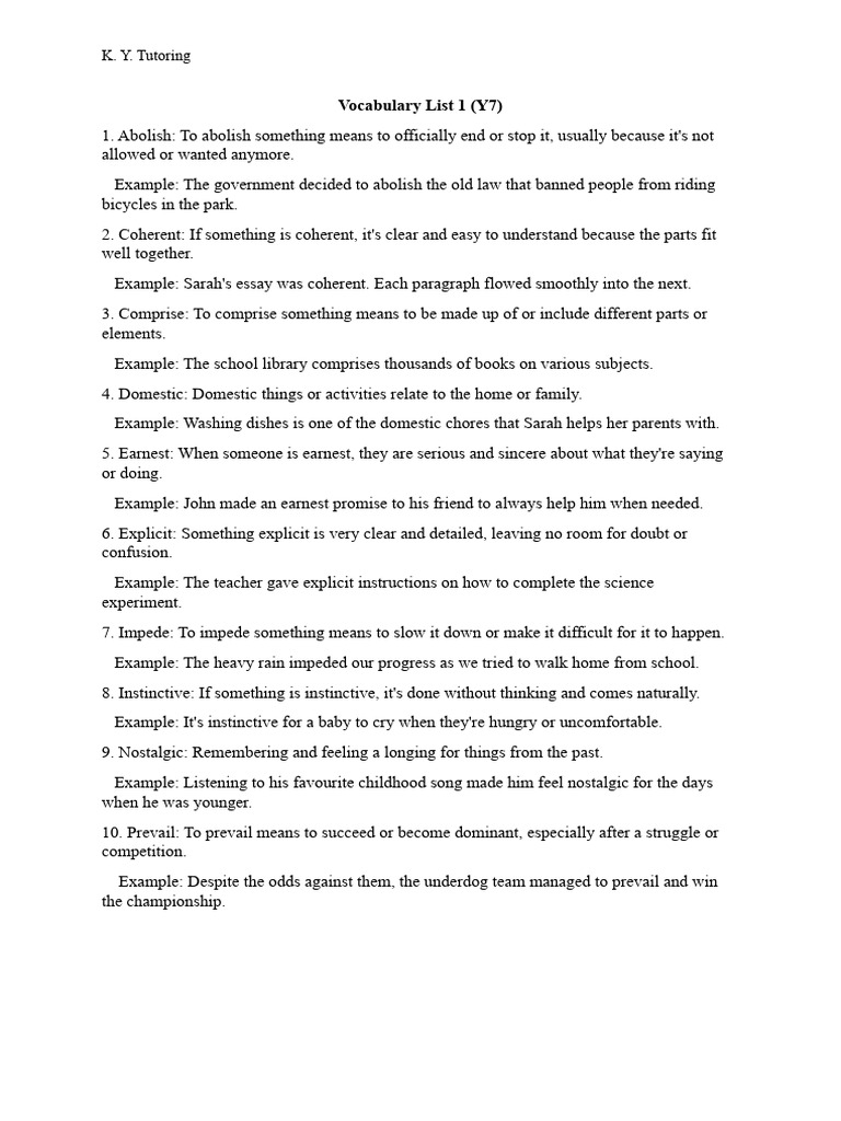 List 1 (Y7) Vocabulary | PDF