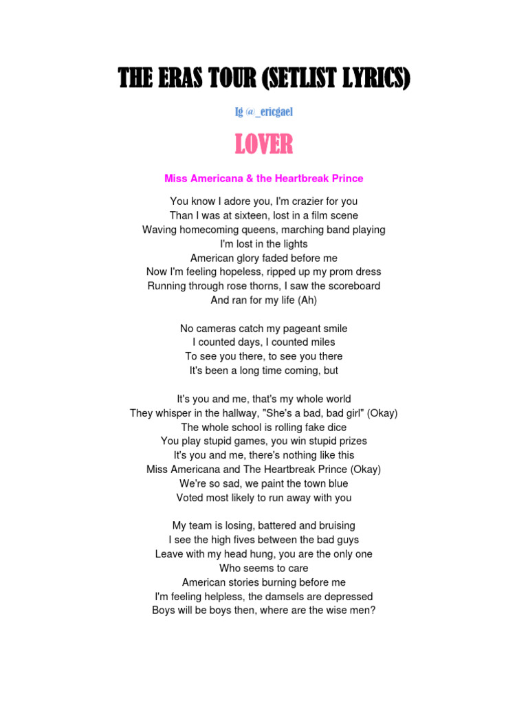 Eras Tour Setlist and Lyrics | PDF | Taylor Swift | Songs Written